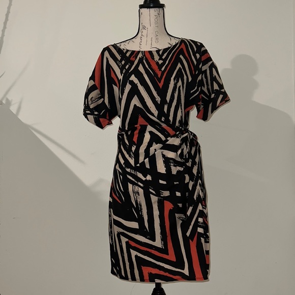 mark. | Dresses | Mark Ruched Short Sleeves Faux Wrap Blackgoldred Mini ...